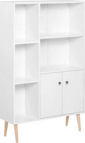 HOMCOM Skandinávská Knihovna s Úložným Prostorem, rozměry 80 Š x 23,5 H x 123 V cm, 5 nik, skříňka, 2 dveře, zúžené nohy z masivního borovicového dře…