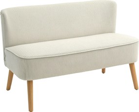 HOMCOM Moderní dvoumístná pohovka bez opěrky se sametovým vzhledem, malá pohovka s dřevěnými nohami pro obývací pokoj, 117 x 56,5 x 77 cm, Krémová | A