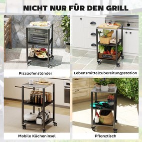 Grilovací vozík Třípatrový grilovací stůl s pracovní plochou z nerezové oceli Kolečka pojízdný servírovací vozík 50 x 50 x 90 cm Černá barva