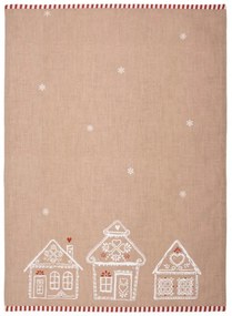 Hnědá bavlněná utěrka s motivem perníkových domečků Gingerbread Bliss II – 50x70 cm
