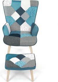 Relaxační křeslo ušák s podnožkou LYRO - modrá patchwork látka