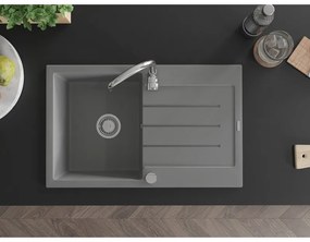 Mexen Bruno, 1-komorový granitový dřez s odkapávačem 80x50 cm a kuchyňskou baterií Telma, šedá, 6513-71-670200-00