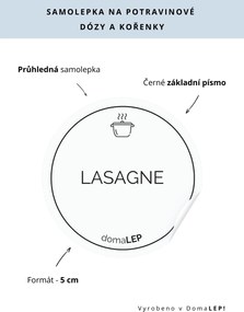 LASAGNE  – průhledná samolepka na dózu, základní písmo, 5 cm | DomaLEP