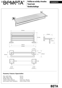 Bemeta Design BETA: Držák ručníků, 600 mm, s hrazdou -