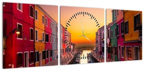 Obraz - Západ slunce, ostrov Burano, Benátky, Itálie (s hodinami) (90x30 cm)