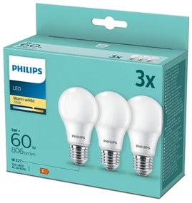 LED žárovky E27 Philips A60 8W (60W) teplá bílá (2700K) 3ks