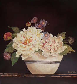 ART-STYLE Obrázek 18x18, pivoňky v květináči, rám bílý s patinou