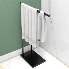 HOMCOM Dvouvrstvá volně stojící věšák na ručníky s 2 tyčemi a kovovým rámem v moderním L tvaru 35,5x20x78 cm Černá