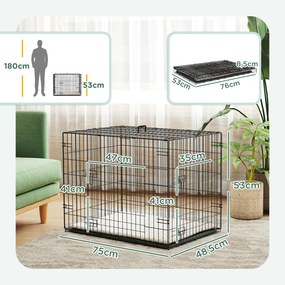PawHut Klec pro psy, skládací přepravní klec se 2 dveřmi, odnímatelný tác, pratelné měkké polstrování, ocelový rám, 76 x 53 x 60 cm, černá