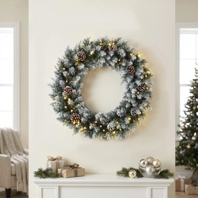 HOMCOM Vánoční věnec 60 cm Osvětlený věnec na dveře s 50 LED Šišky Umělý sníh na Vánoce Adventní dveře