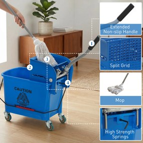 HOMCOM kyblík na vytírání s ždímacím zařízením, přepážkou na oddělení vody a kolečky, objem 20 l pro domácí úklid, 45x26,5x70 cm, modrý