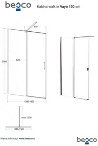 BESCO Walk-in sprchový kout VAYO BARVA rámu - Chrom/Leštěný hliník (ALU), Rozměr A - 130 cm, Rozměr C - 200 cm, Směr zavírání - Univerzální Levé / Pravé, Výplň - Čiré bezpečnostní sklo - 8 mm BCVAYO130CC