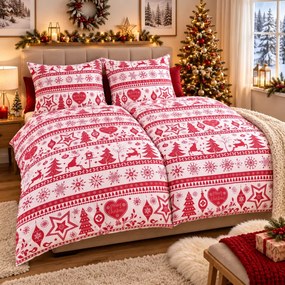 Povlečení bavlněné Vánoční povlečení Christmas červené TiaHome - 1x Polštář 90x70cm, 1x Přikrývka 140x200cm