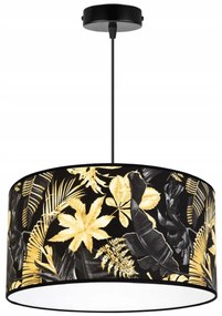 Závěsné svítidlo Gold Flowers, 1x černé textilní stínítko s květinovým vzorem, (fi 40cm)