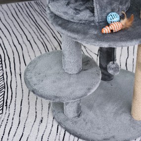 PawHut kočičí strom 4-patrová kočičí jeskyně s míčky na hraní a bidýlkem sisalový sloupek škrabadlo plyšové šedé 48x48x104cm pro kočky | Aosom.de