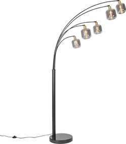 Stojací lampa černá se zlatem a kouřovým sklem 5-světlo - Zuzanna