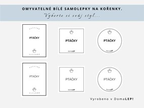 PTÁČKY - omyvatelná samolepka na kořenky, výběr rozměrů Ø 5 cm / 5 x 5 cm / 6 x 8 cm | DomaLEP tvar: KOLEČKO, barva: BÍLÁ - ČERNÉ písmo, velikost: Ø 5 cm - tučné písmo