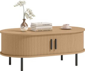 HOMCOM Oválný konferenční stolek z dřeva, moderní obývací stolek s posuvnými dveřmi a skrytým úložným prostorem, 100x55x40 cm, přírodní dřevo