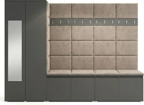 Předsíňová stěna Trinity 9 s čalouněnými panely, 290 cm, grafit/ světle béžová