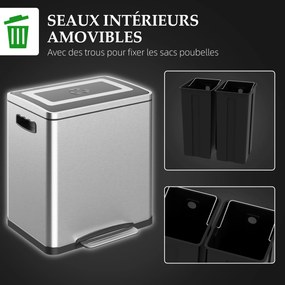 HOMCOM 40L x 34.8Š x 47.5V cm Stříbrný Pedálový Koš na Odpadky s 2 Kompartmenty, Nerezová Ocel s Tichým Víkem, Odnímatelné Vnitřní Kbelíky