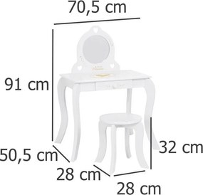 Stůl se zrcadlem a stoličkou, toaletní stolek s jednou zásuvkou, bílý