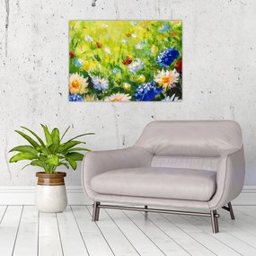 Skleněný obraz rozkvetlé louky, olejomalba (70x50 cm)