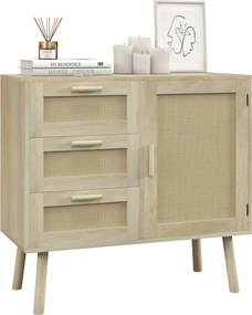 HOMCOM Univerzální skříňka v boho stylu s dvířky a 3 zásuvkami z dřeva a ratanu pro obývací pokoj a předsíň, 80x36x75cm, Dub | Aosom
