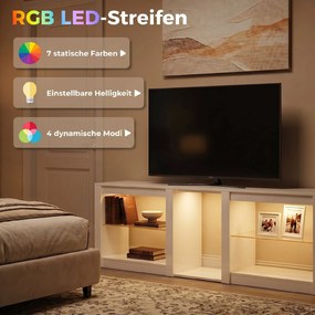 HOMCOM TV komoda s RGB LED osvětlením, moderní TV nábytek s nastavitelnými skleněnými policemi, pro televize až do 75 palců, bílá
