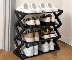 botník, 4 patra, tvrzený plast/netkaná textilie, 50x40x19 cm, černá, Dekorino BB20260005