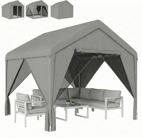 Outsunny zahradní pavilon 3 x 3 m se sítí proti komárům a závěsy, venkovní zastřešení s pozinkovaným ocelovým rámem, šedá