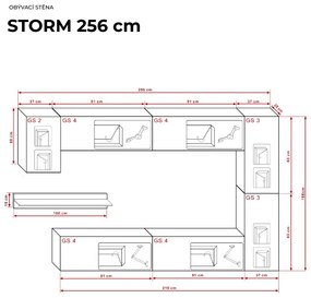 Ral Obývací stěna STORM 256 cm - Černý lesk + Bílá police