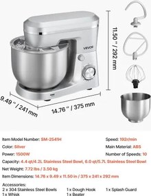 Stolní mixér, Hnětač těsta 1500 W VEVOR