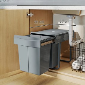 HOMCOM Vysunovací odpadkový koš, 2 x 20 L, vyjímatelné nádoby, plast, kov, šedá