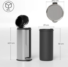 HOMCOM Pedálový odpadkový koš 30 l nerezový pedálový odpadkový koš s vnitřním výklopným víkem hygienický a stříbrný do kuchyně a koupelny | Aosom.de
