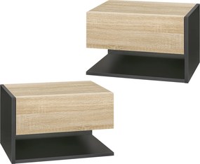 HOMCOM Sada 2 floating nočních stolků se zásuvkou a otevřenou poličkou do ložnice 46x30x30 cm Dub a černá | Aosom