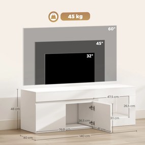 HOMCOM Moderní TV komoda do obývacího pokoje se 2 dveřmi, otevřeným oddílem a úchyty, pro televizory až do 60 palců, 140 x 40 x 48 cm, bílá