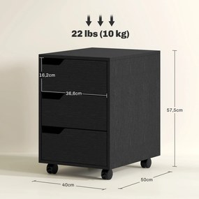 HOMCOM Kancelářská zásuvková jednotka na kolečkách, skříňka na dokumenty se 3 zásuvkami, organizér na stůl 40x50x57,5 cm, černá