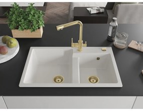 Mexen Tomas, granitový dřez 800x500x190 mm, 2-komorový a bílá baterie Duero, bílá, 6516-20-671600-50