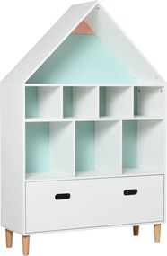 HOMCOM Dětská Dřevěná Knihovna Ve Tvaru Domu se 8 Otevřenými Přihrádkami a Dvoubarevným Šuplíkem 82x30x126 cm Bílá | Aosom