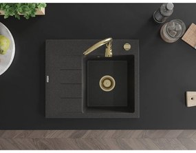 Mexen Ben, 1-komorový granitový dřez 600x500x190 mm, pravý + zlatý sifon, černá skvrnitá, 6523605000-76-G
