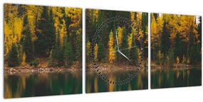 Obraz lesního jezera (s hodinami) (90x30 cm)