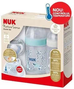 Nuk Kojenecký set Nature Sense láhev s ukazatelem teploty 260 ml a dudlík modrá