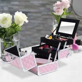 HOMCOM Profesionální Kosmetický Organizér na Make-up S Zrcadlem a Zámkem - Přenosná Taška na Make-up s Více Přihrádkami 20x15x15cm Hliníková