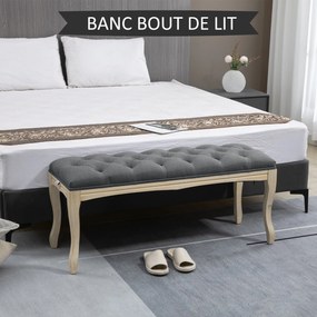 HOMCOM Čalouněná lavice s knoflíky v klasickém chic stylu 110 cm na konec postele, čalouněná lnu, nohy z kaučukového dřeva šedá