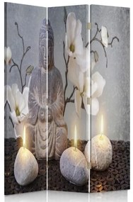 Ozdobný paraván Buddha šedé květiny kámen - 110x170 cm, třídílný, klasický paraván