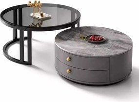 LuxuryForm DESIGN Konferenční stolek ORION 70 × 70 / 50 × 50 cm – šedý / šedý mramor + sklo (set 2 ks)