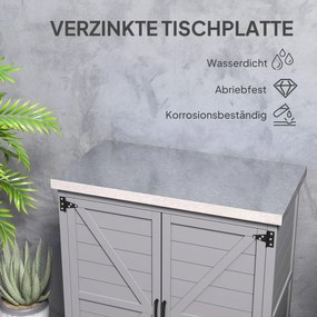 Gartenschrank, Außenschrank mit Arbeitsfläche, Werkzeugschrank, Massivholz, Stahl, 79B x 43T x 92H cm, Grau