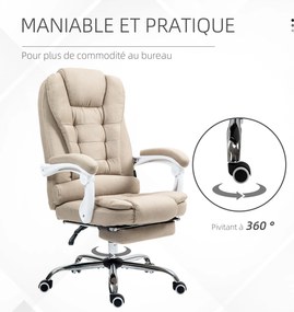 Ergonomická kancelářská židle Vinsetto, kancelářská židle s podnožkou, sklopným opěradlem, polstrovanými pod armresty a béžovou látkou připomínající …