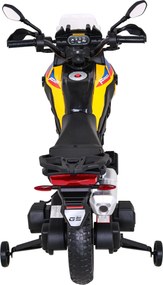 Ramiz Dětská motorka na baterie BMW F850 GS žlutá + pomocná kolečka + audio LED + pomalý start + EVA