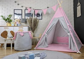 Dětský stan TEEPEE (TÝPÍ) ANIMALS s doplňky - PLAMEŇÁK A KAMARÁDI - šedý/růžový